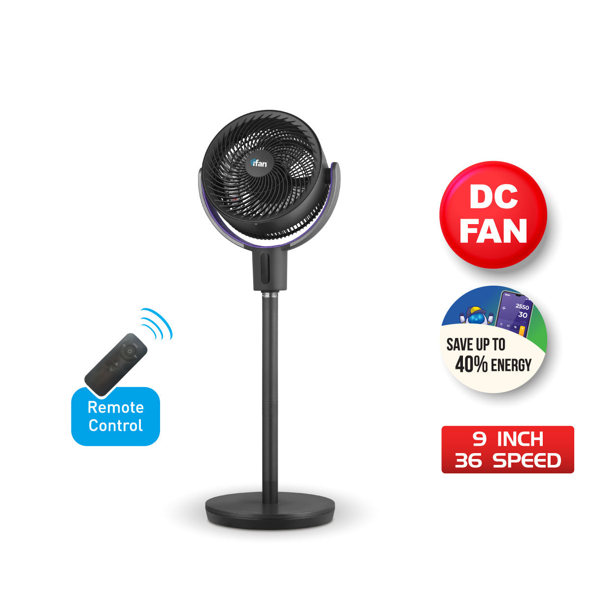 iFan Powerful 36 Speed DC Air Circulator Fan, Stand Fan with Oscillati ...