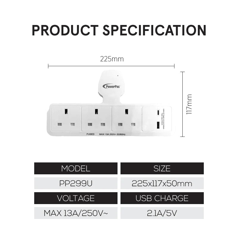 PowerPac 3 Way Socket with 1x USB-A+ 1x USB-C – JAPAN HOME SINGAPORE